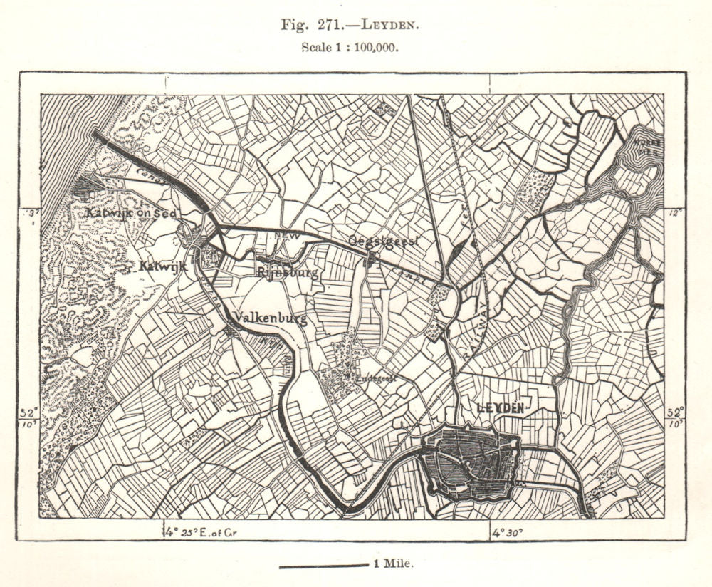 Leiden & environs. Netherlands. Sketch map 1885 old antique plan chart ...