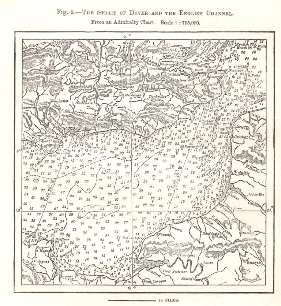 Dover Strait & English Channel from Admiralty Chart. Soundings. Sketch ...