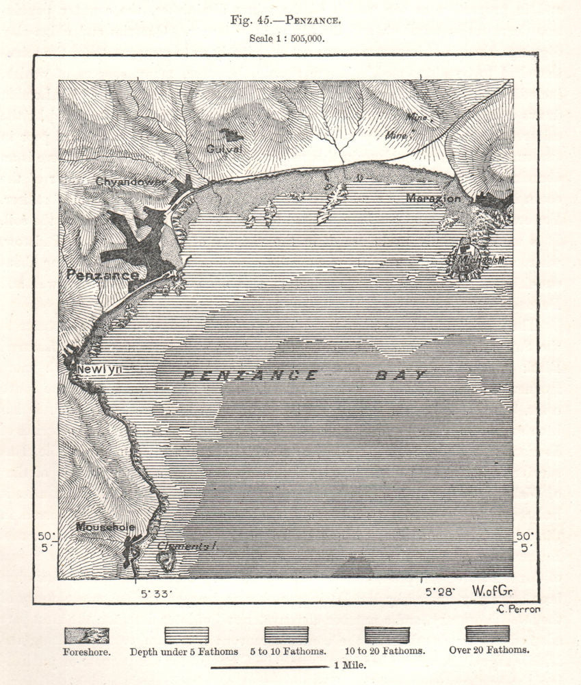 Penzance Bay. Marazion. Cornwall. Sketch map 1885 old antique plan ...