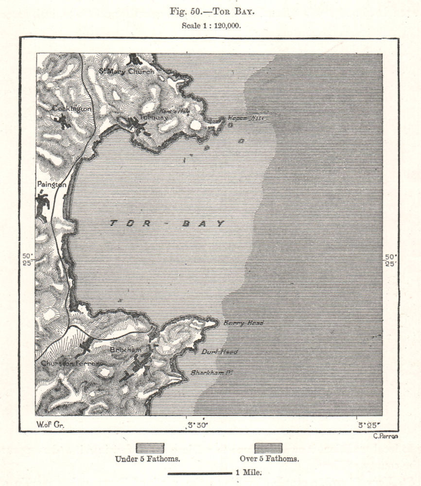 Torbay. Brixham Torquay Paignton Devon. Sketch map 1885 old antique ...