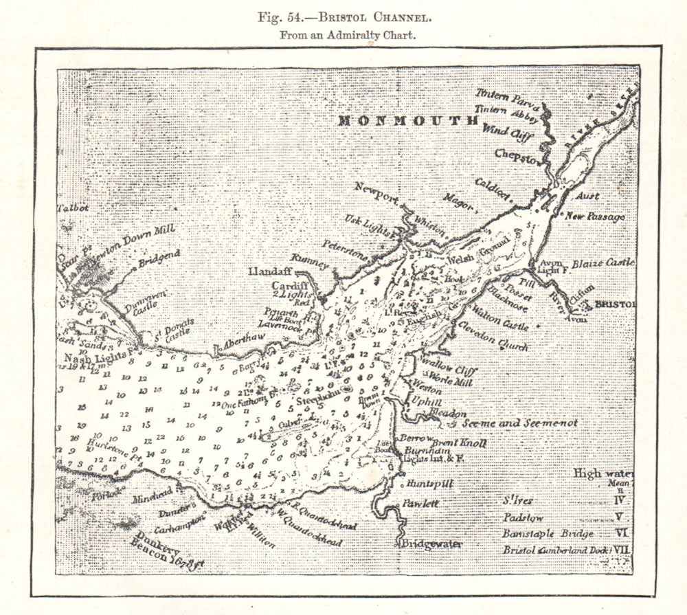 Bristol Channel from an Admiralty Chart. Soundings. Sketch map 1885 old ...