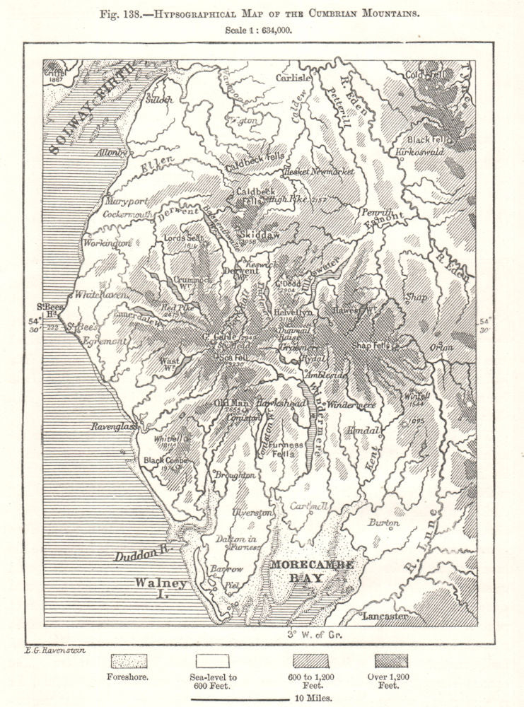Lake District. Hypsographical Map Cumbrian Mountains. Sketch map 1885 ...