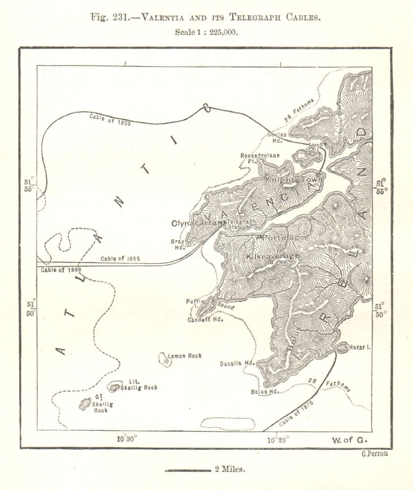 Valentia and its telegraph cables. Ireland. Sketch map 1885 old antique ...