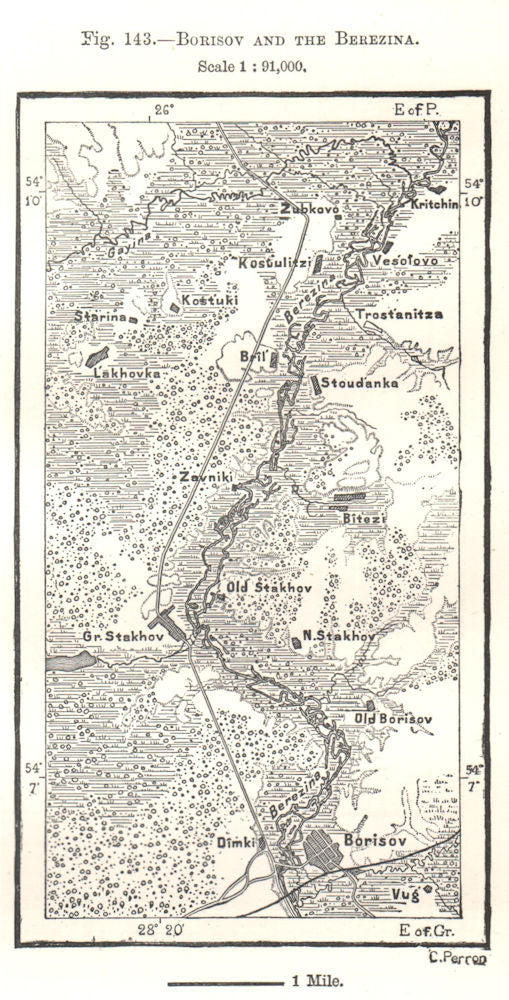Barysaw and the Berezina. Belarus. Sketch map 1885 old antique plan ...
