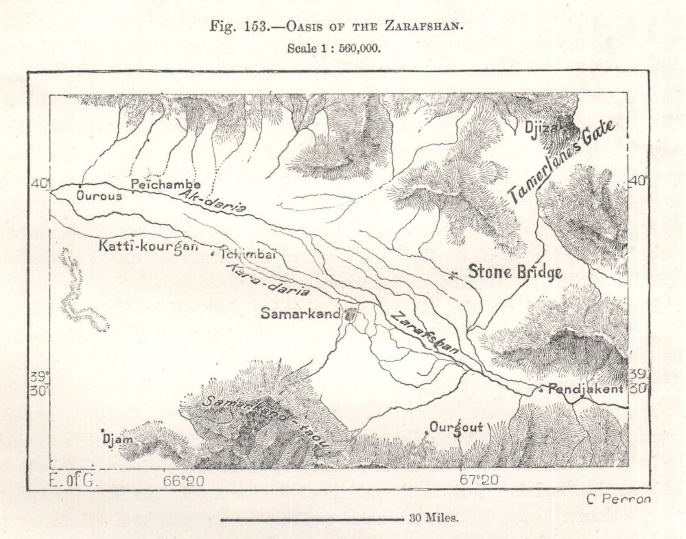 Oasis of the Zaravshan. Samarkand. Uzbekistan. Sketch map 1885 old ...