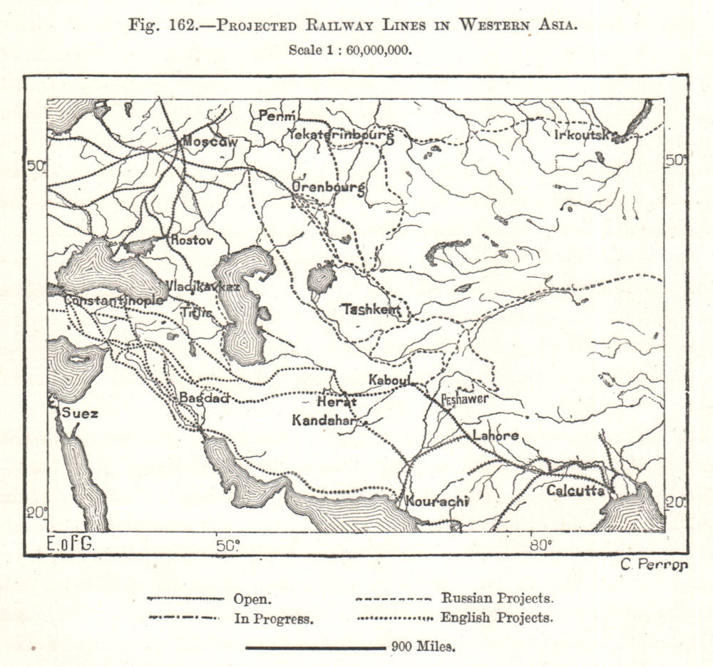 Projected Railway Lines in Western Asia. Sketch map 1885 old antique ...
