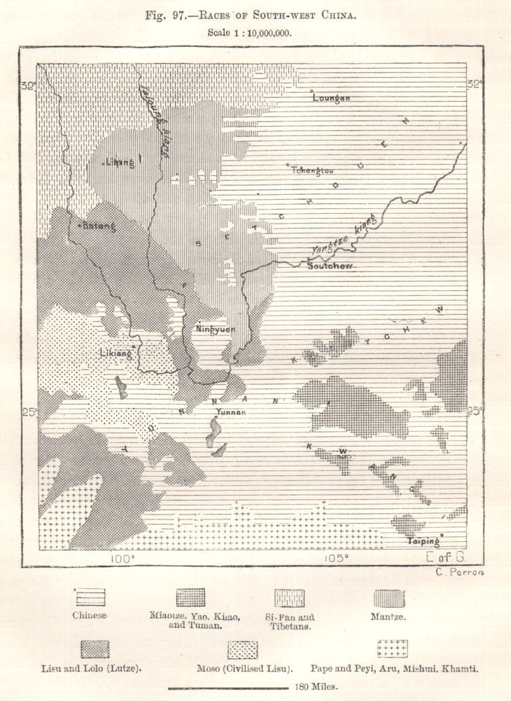 Races of South-West China. Sketch map 1885 old antique vintage plan ...