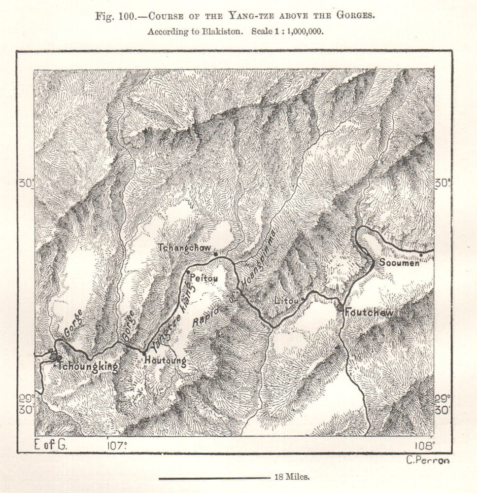 Yangtze river above the Gorges. Chongqing Changshou. Blakiston. Sketch ...