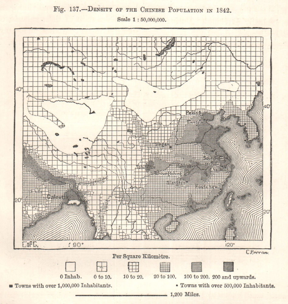Density of the Chinese Population in 1842. China. Sketch map 1885 old ...