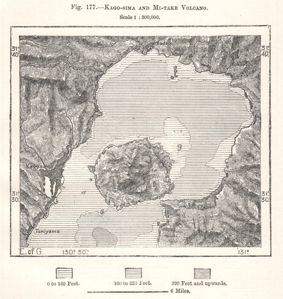 Kagoshima bay. Mount Ontake Volcano. Sakurajima. Japan. Sketch map 1885 ...