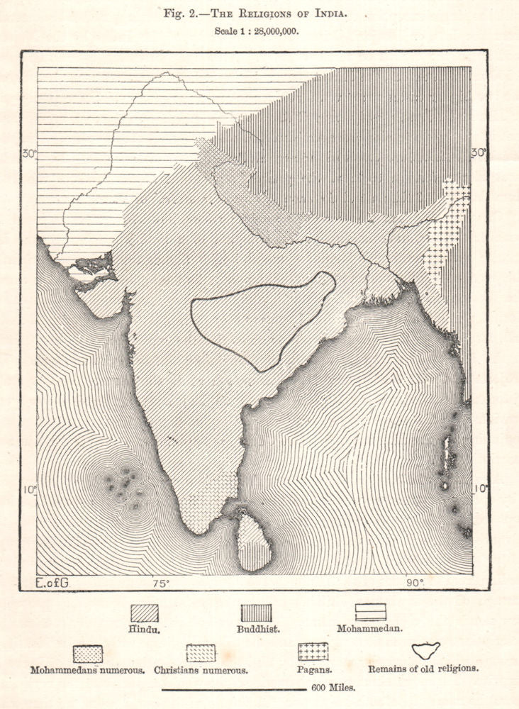 The Religions of India. South Asia. Sketch map 1885 old antique plan ...