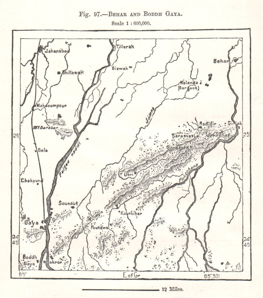Bihar and Boddh Gaya. India. Sketch map 1885 old antique plan chart ...