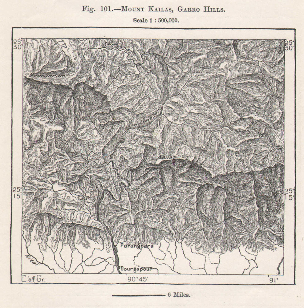 Mount Kailash, Garo Hills. India. Sketch map 1885 old antique plan ...
