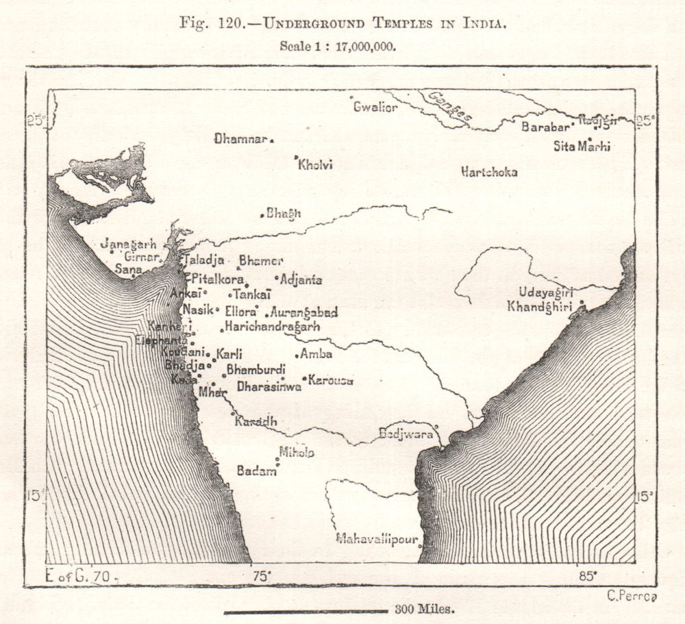 Underground Temples in India. Sketch map 1885 old antique plan chart ...
