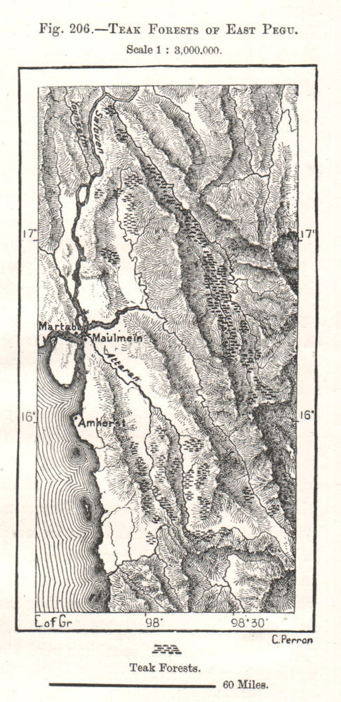 Teak Forests of East Pegu. Burma Myanmar. Sketch map 1885 old antique ...