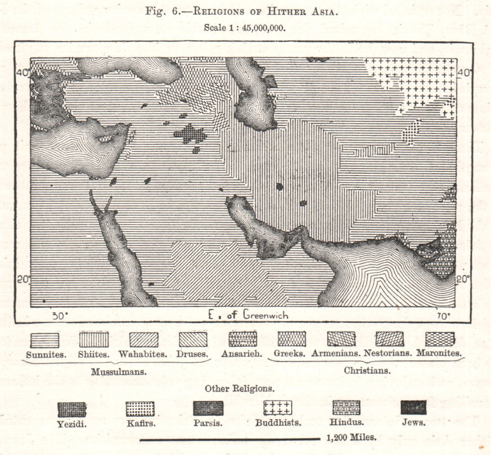 Religions of Hither Asia. Middle East. Sketch map 1885 old antique ...