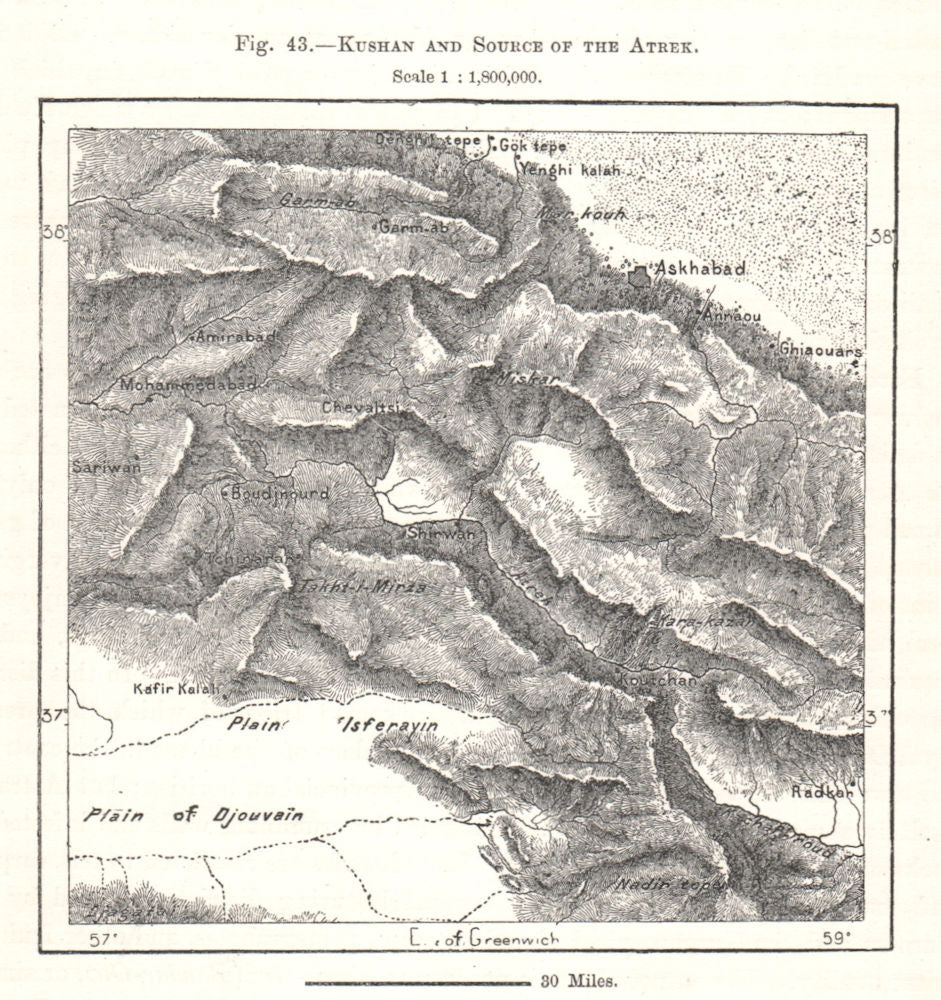 Quchan. Atrek source. Ashgabat Shirvan. Iran Turkmenistan. Sketch map ...