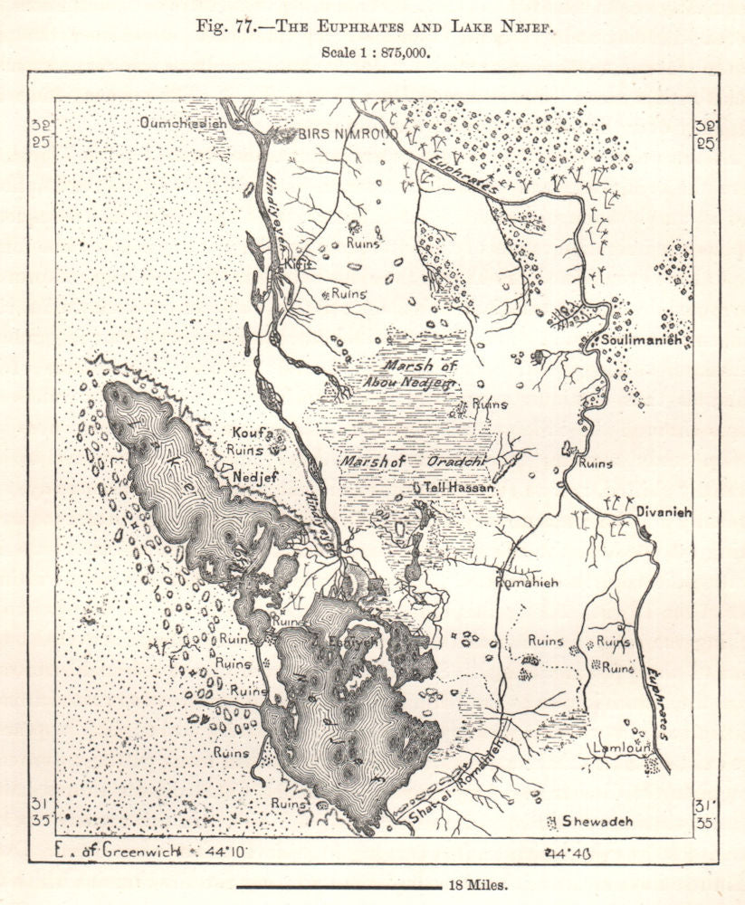 The Euphrates and Lake Najaf. Iraq. Sketch map 1885 old antique plan ...
