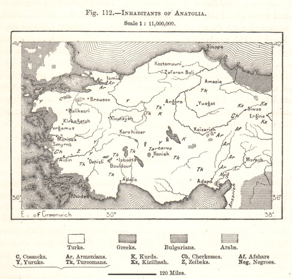 Inhabitants of Anatolia. Turkey. Sketch map 1885 old antique plan chart ...