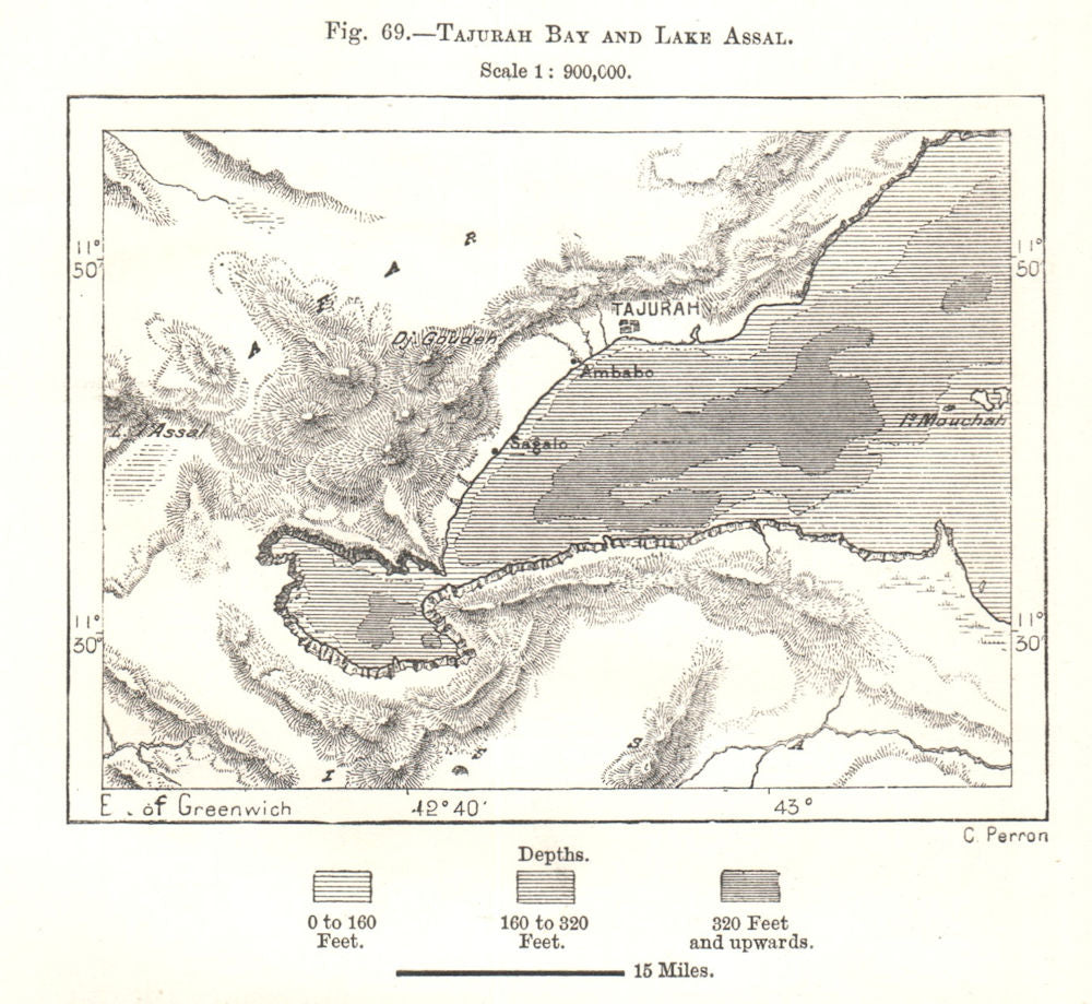 Tadjoura Bay and Lake Assal. Djibouti. Sketch map 1885 old antique ...