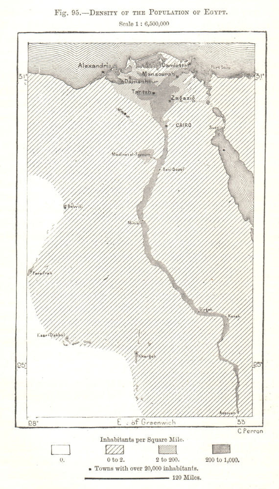 Density of the Population of Egypt. Sketch map 1885 old antique plan ...