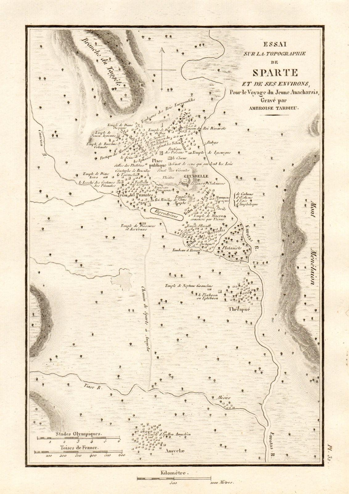 SPARTA & environs. Ancient Greece. Sparte. TARDIEU 1832 old antique map ...