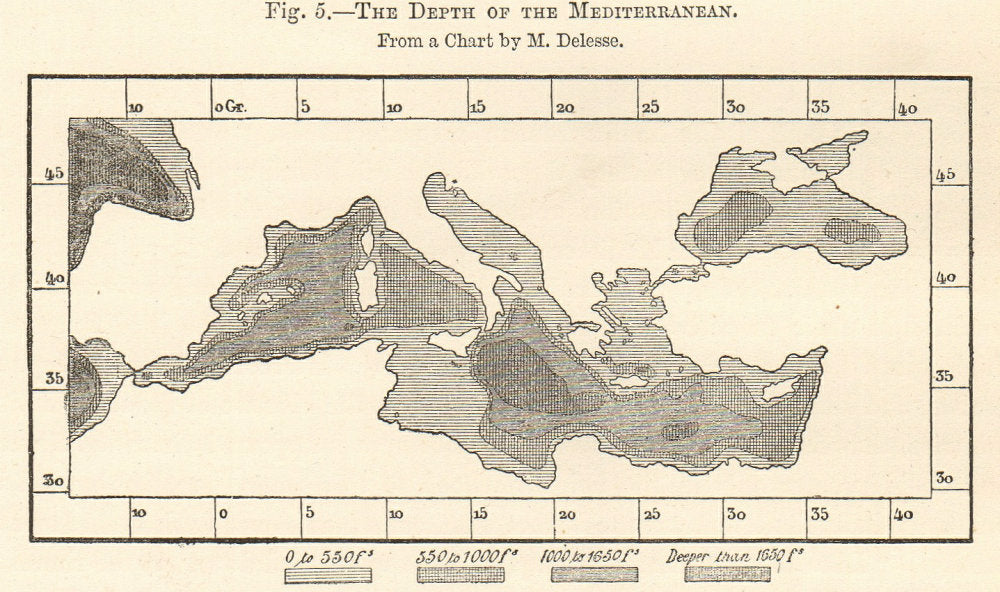 The Depth of the Mediterranean sketch map. Delesse 1885 old antique ...
