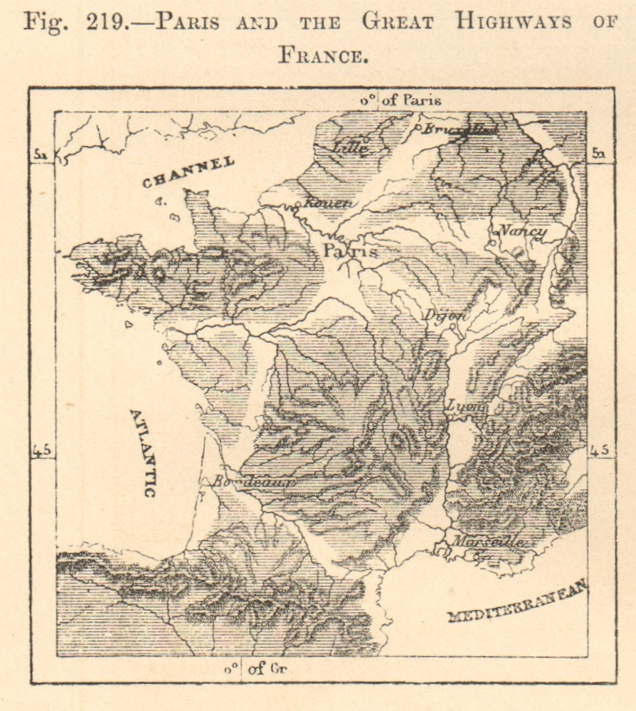 Paris and the Great Highways of France. Sketch map. SMALL 1885 old ...