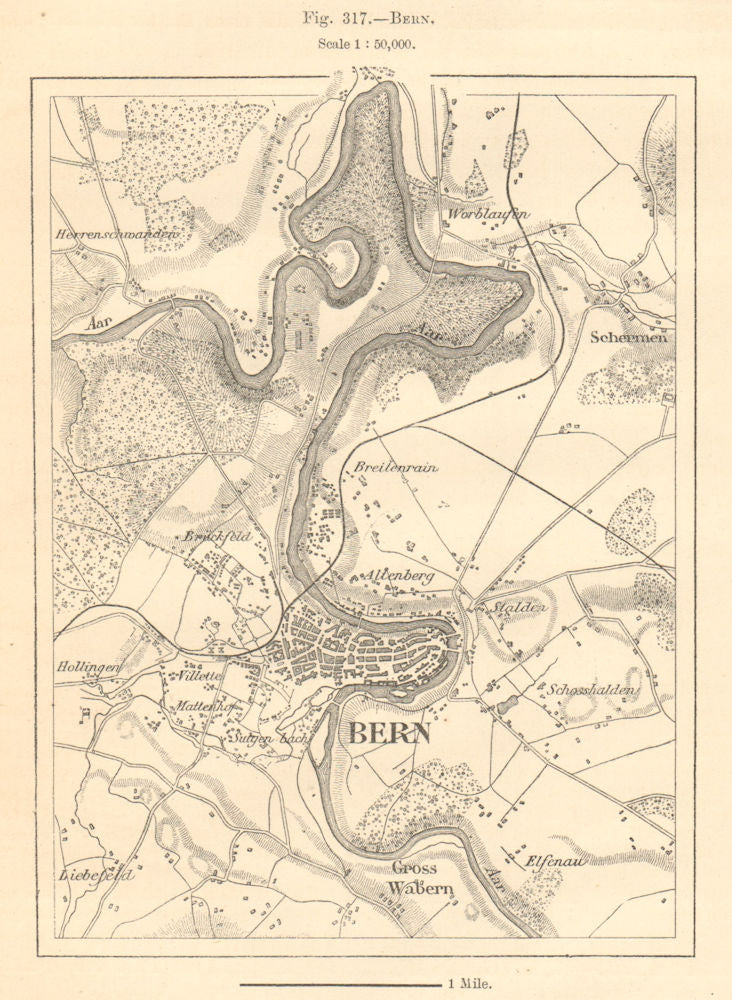 Bern Berne & environs. Switzerland. Sketch map 1885 old antique plan ...