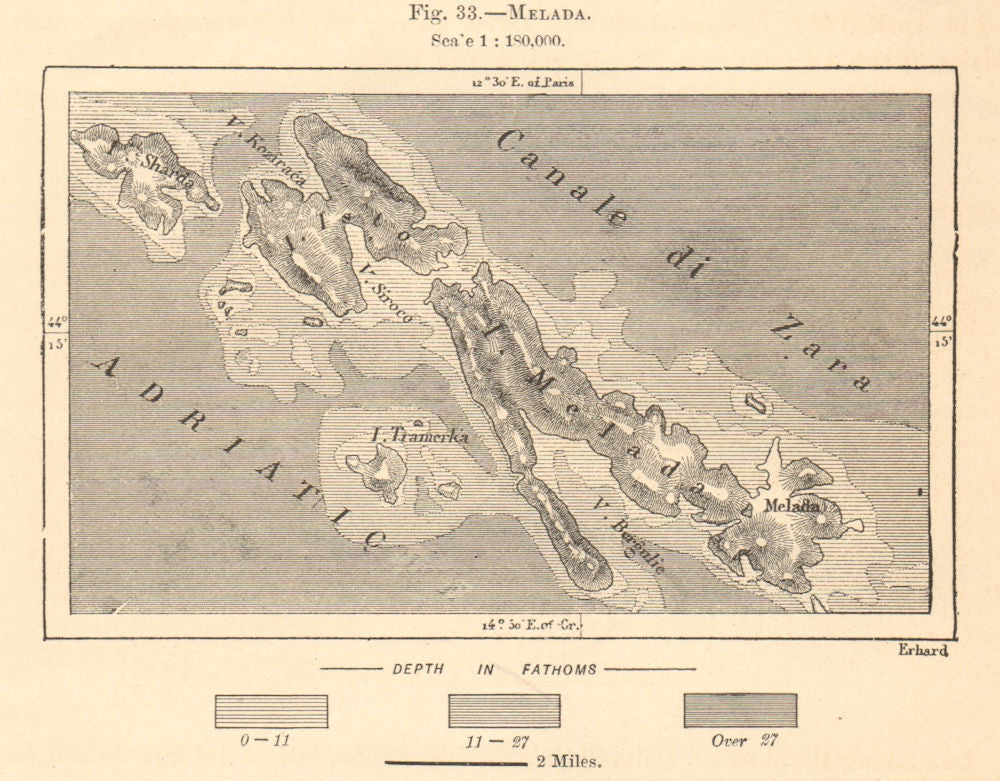 Molat & Ist islands. "Melada". Croatia. Sketch map 1885 old antique ...