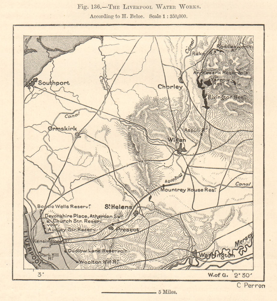 Liverpool Water Works, per H Beloe. Reservoirs. Merseyside. Sketch map ...