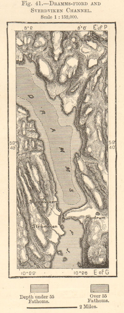 Drammensfjorden & Svelvik Channel. Norway. Sketch map 1885 old antique ...