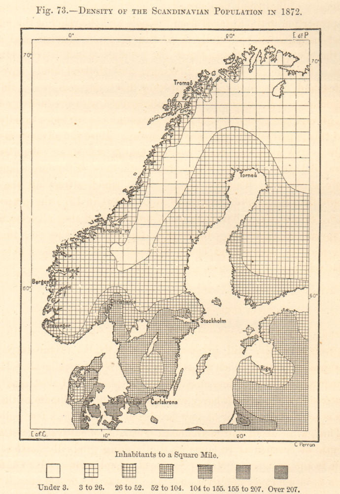 Scandinavian Population density in 1872. Norway Sweden Denmark. Sketch ...