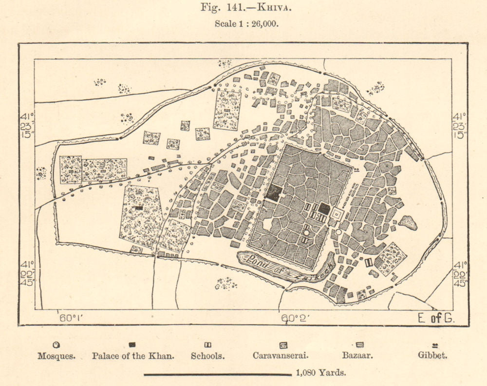Khiva town city plan. Uzbekistan. Sketch map 1885 old antique chart ...