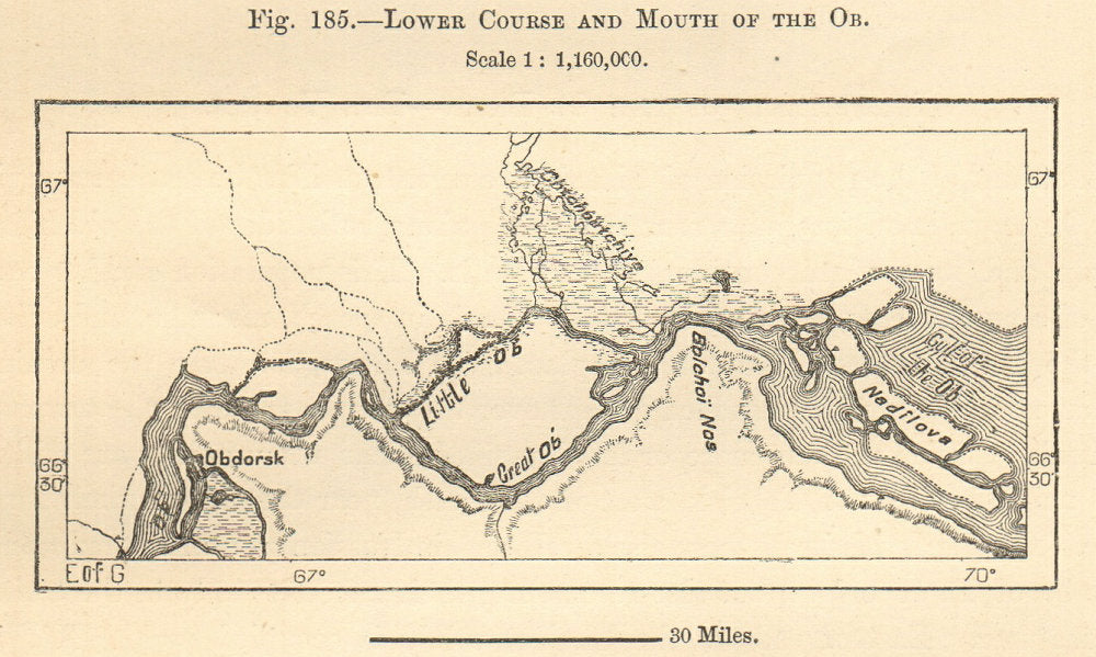 Lower Ob River. Obdorsk (Salekhard) Nadilova, Siberia. Sketch map ...