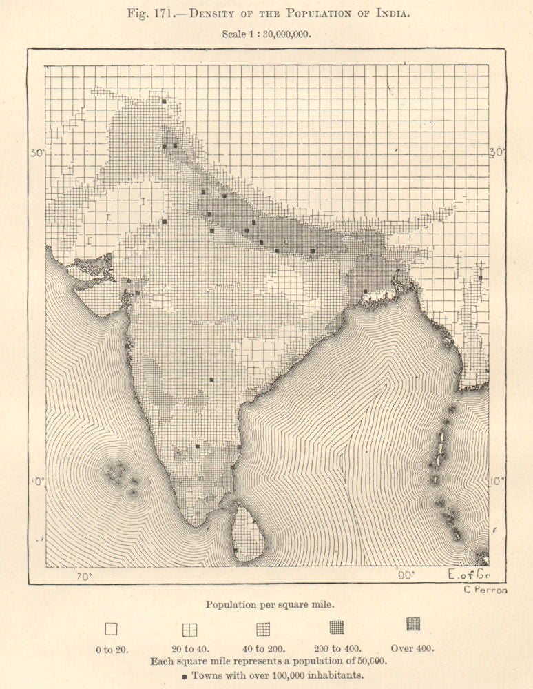 Density of the Population in India. Sketch map 1885 old antique plan ...