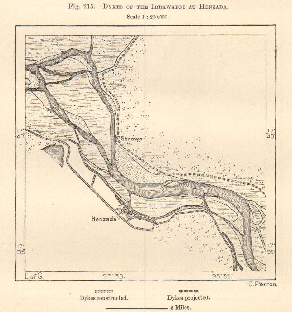 Dykes of the Irrawaddy river at Hinthada, Burma. Myanmar. Sketch map ...