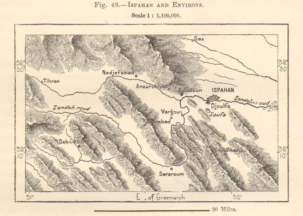 Isfahan and environs. Ispahan. Iran Persia. Sketch map 1885 old antique ...