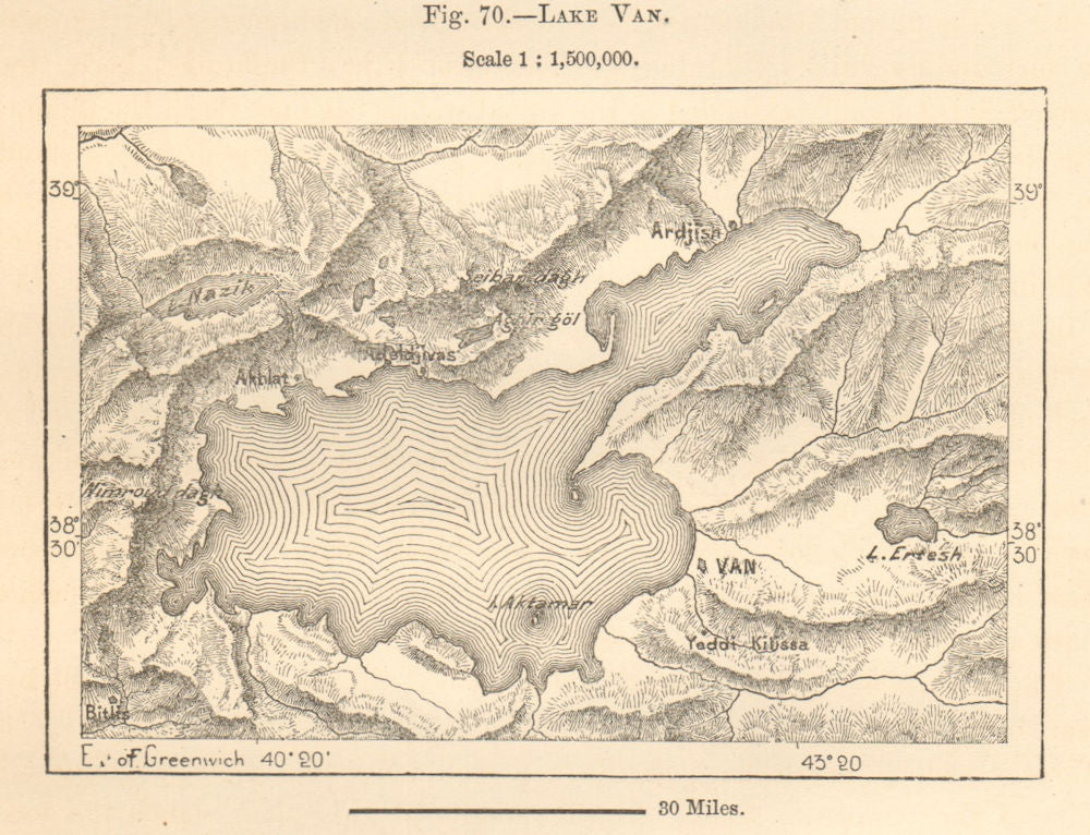 Lake Van. Ahlat Adilcevaz Ercis Turkey. Sketch map 1885 old antique ...