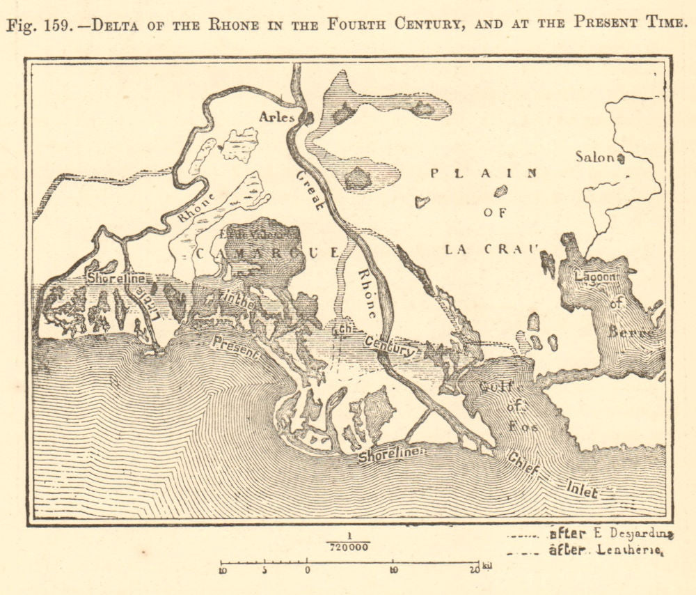 Rhône delta - 4th & 19th centuries. Bouches. Arles Camargue. Sketch map ...