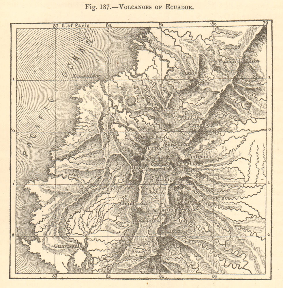 Volcanoes of Ecuador. Andes Quito. Sketch map 1886 old antique plan ...