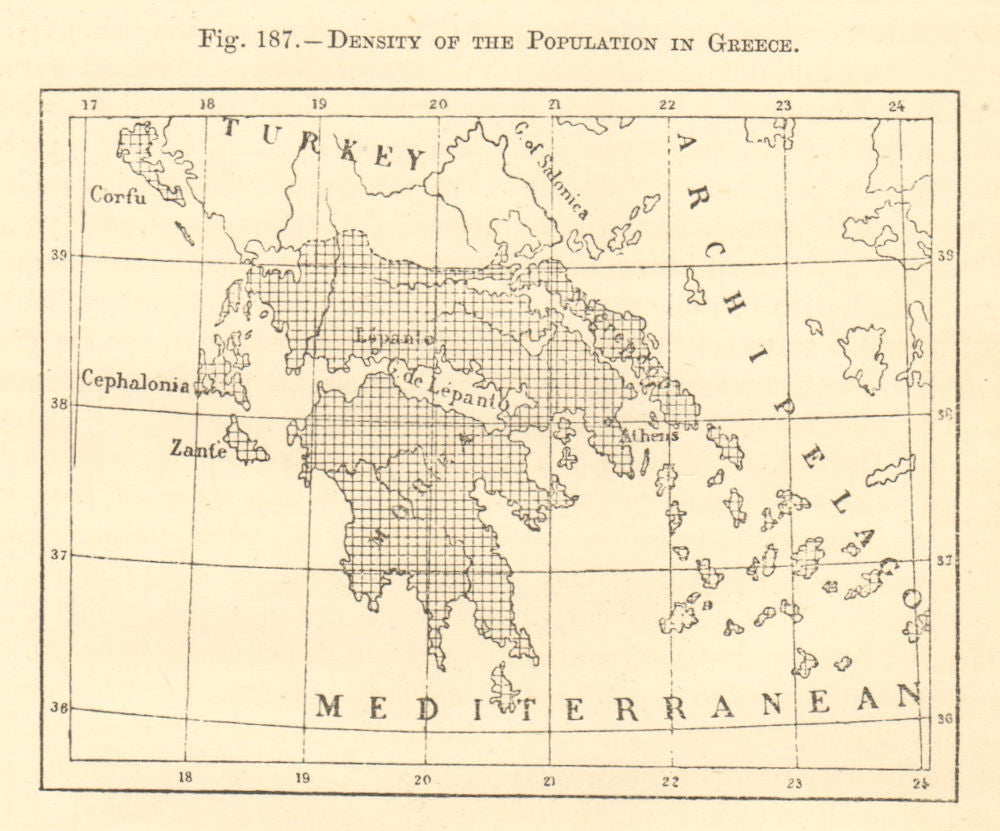 Density of the population in Greece. Sketch map 1886 old antique chart ...