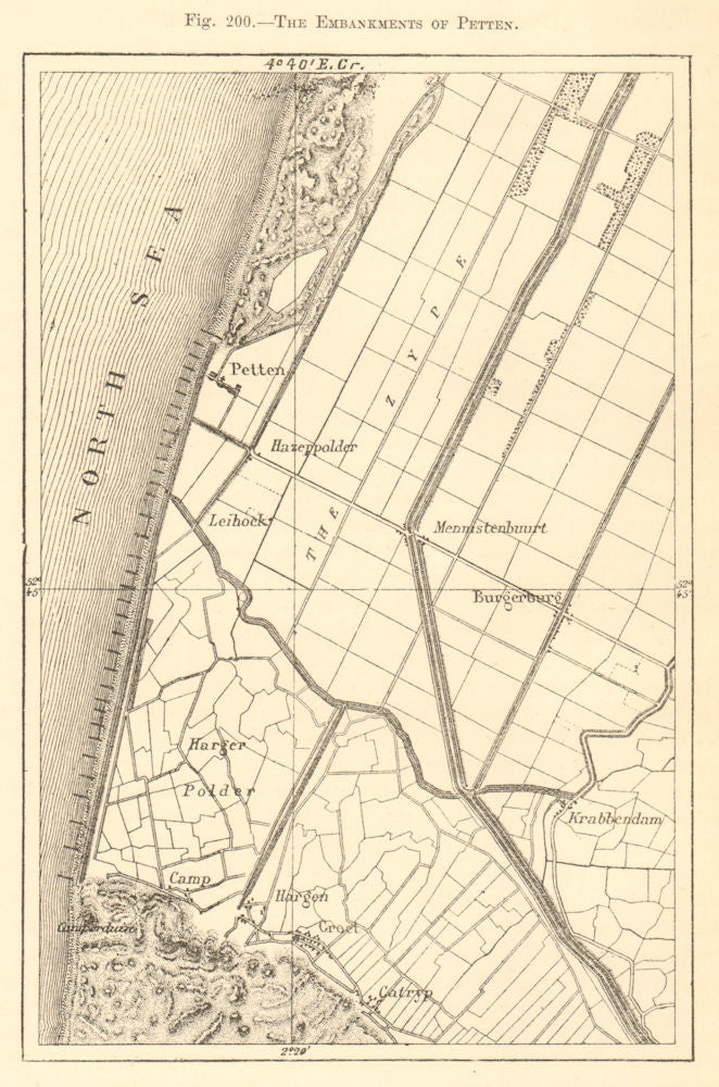 The Embankments of Petten. Netherlands. Sketch map 1886 old antique ...