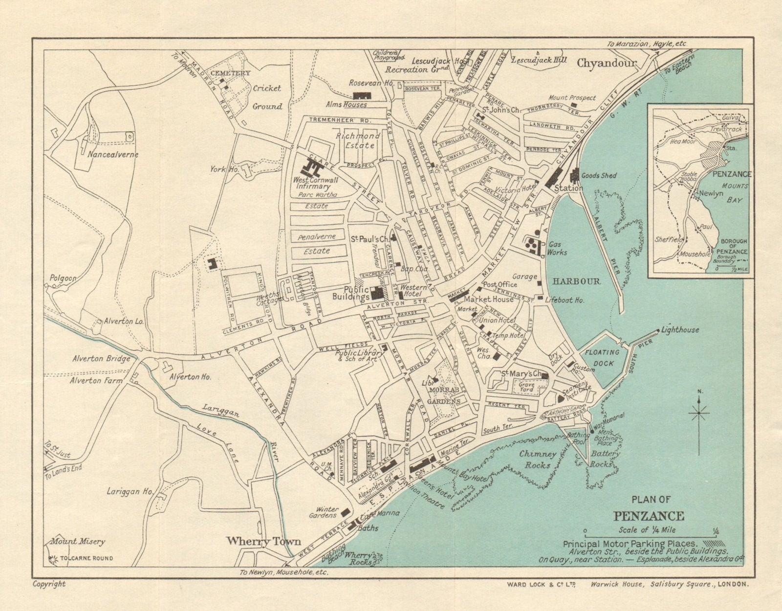 PENZANCE vintage town/city Plan. Cornwall. WARD LOCK 1936 old vintage ...