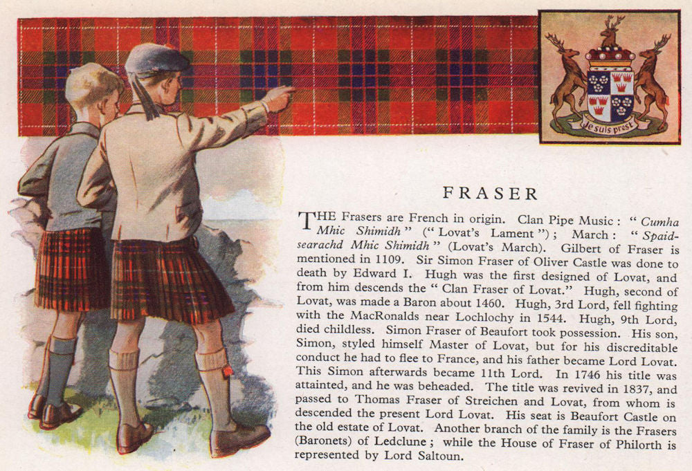 Fraser. Scotland Scottish clans tartans arms 1957 old vintage print ...