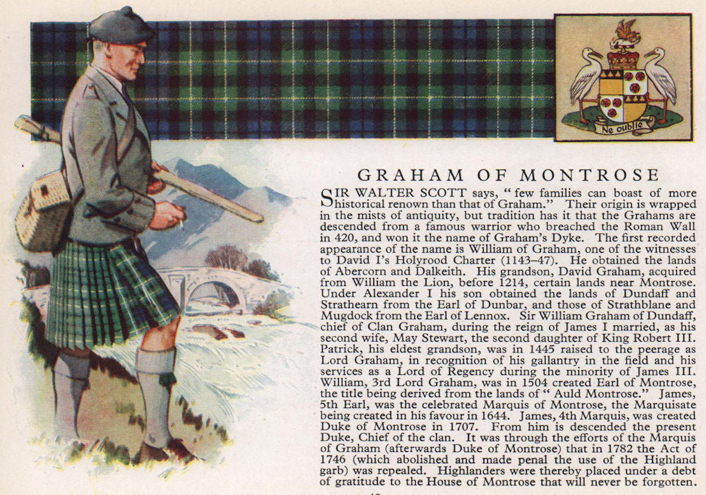 Graham of Montrose. Scotland Scottish clans tartans arms 1957 old print ...