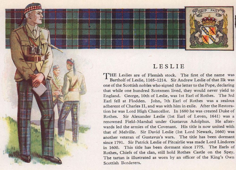 Leslie. Scotland Scottish clans tartans arms 1957 old vintage print ...
