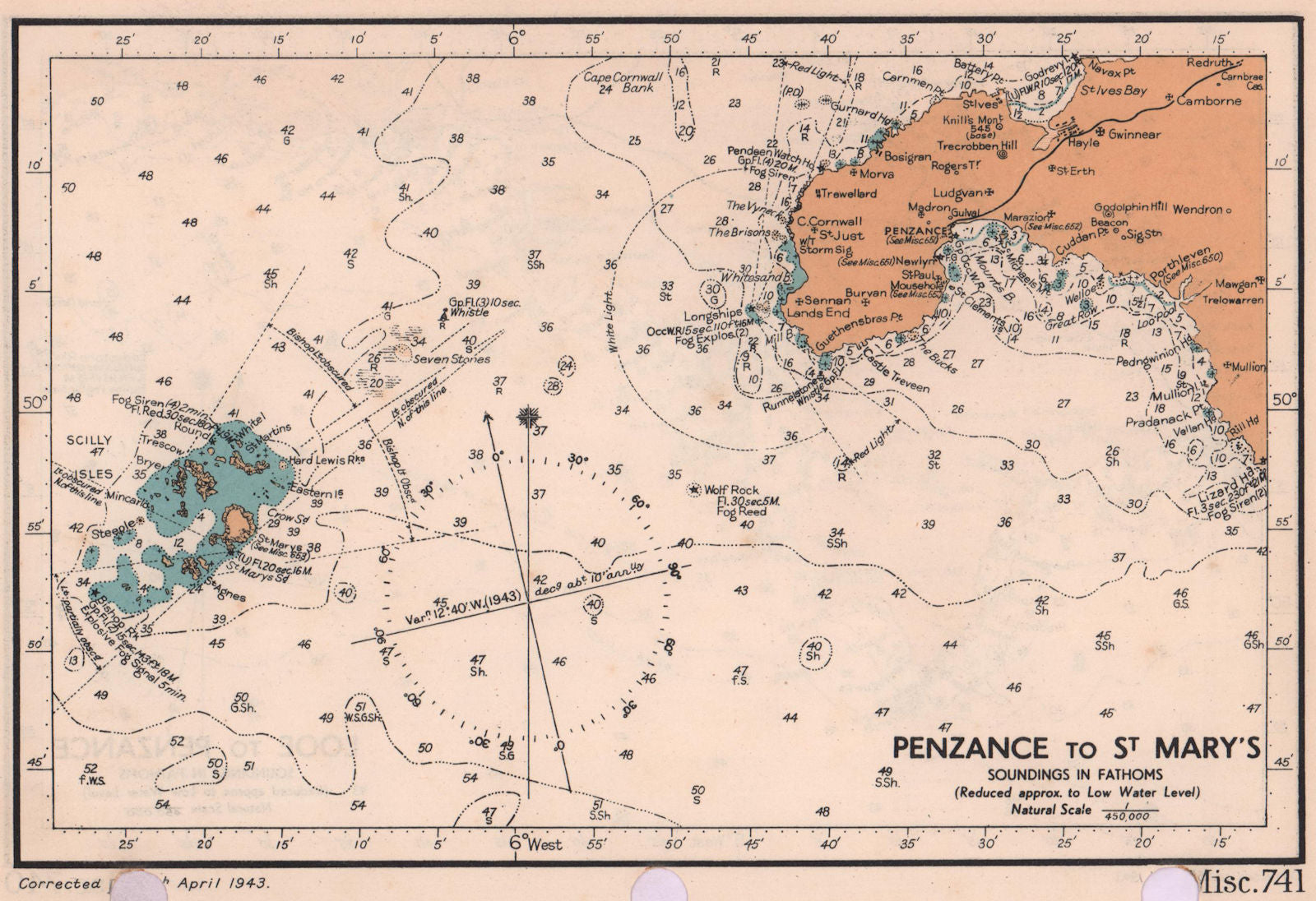 Penzance & Land's End to Scilly Isles sea coast chart. ADMIRALTY 1943 ...