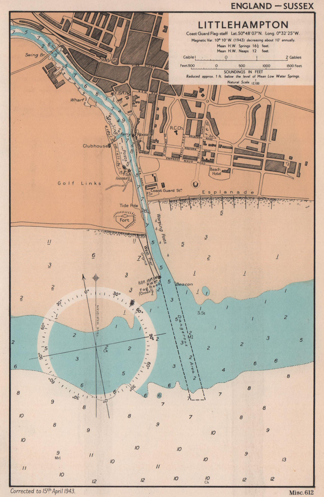 Littlehampton town plan & sea coast chart. Sussex. ADMIRALTY 1943 old ...