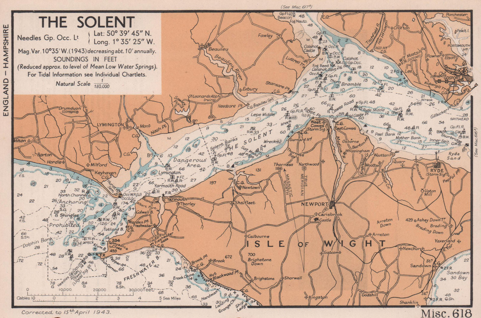The Solent sea coast chart. Hampshire & Isle of Wight. ADMIRALTY 1943 ...